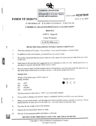 Cape Biology Unit 2 - year 2020 U2 P1 | PDF