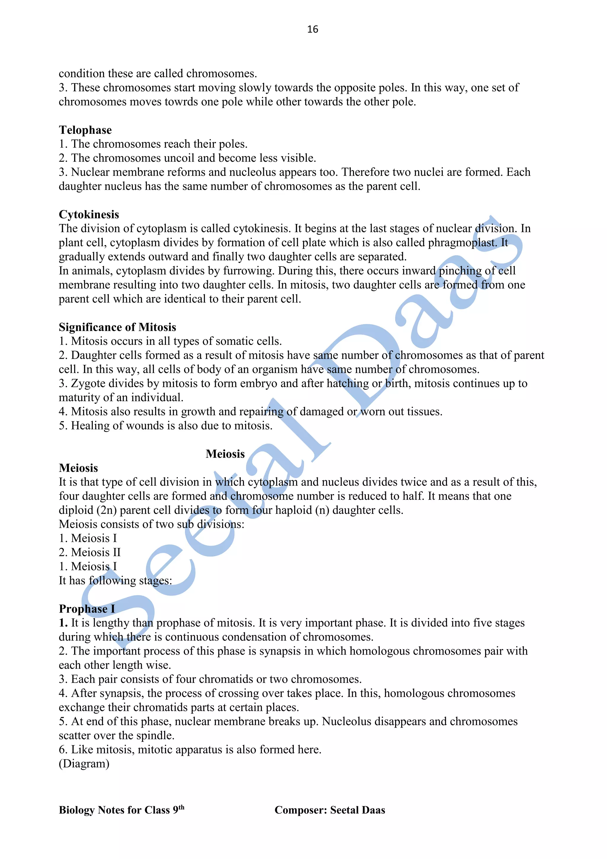 Biology Notes for Class 9th (by: Seetal Daas) | PDF