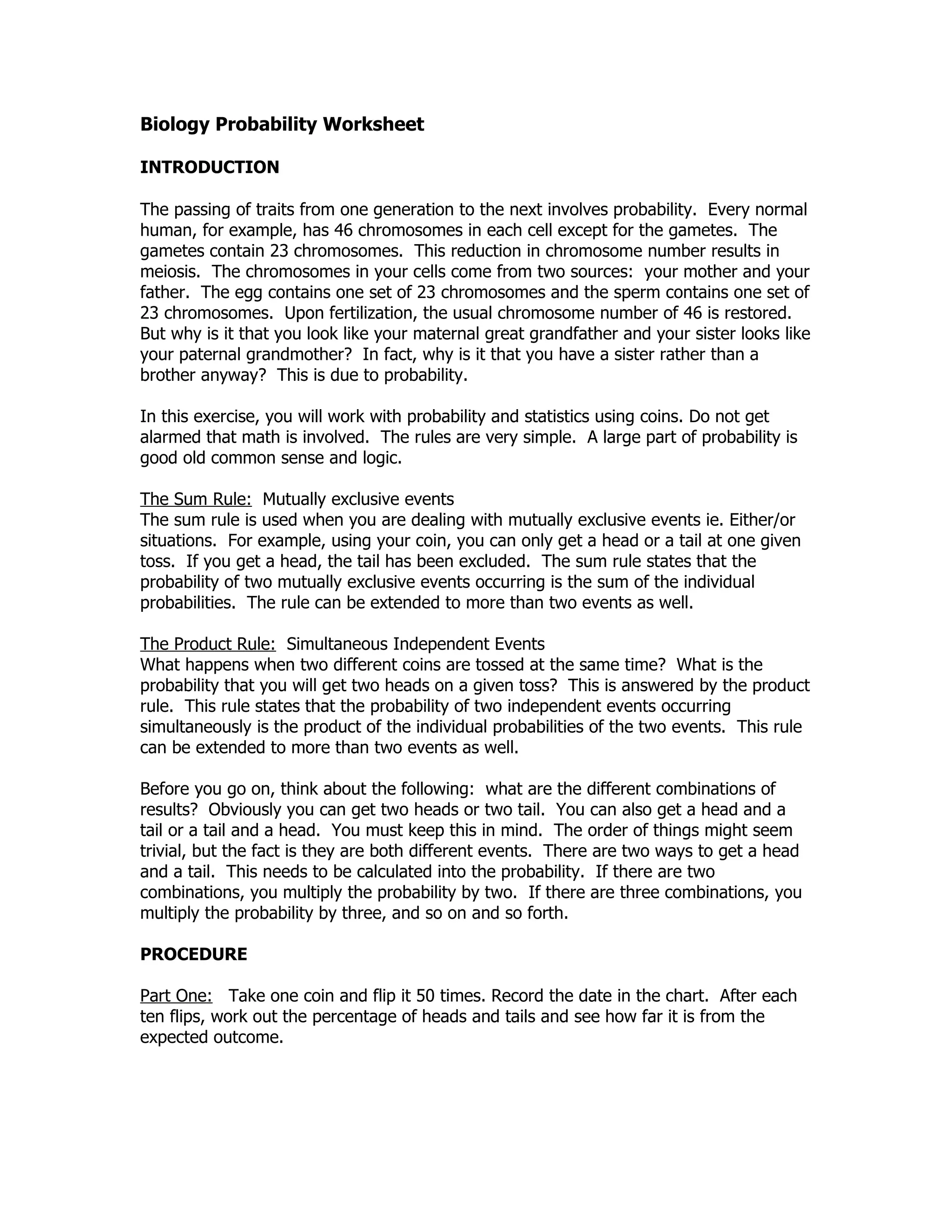 Biology Coin Probability | DOC