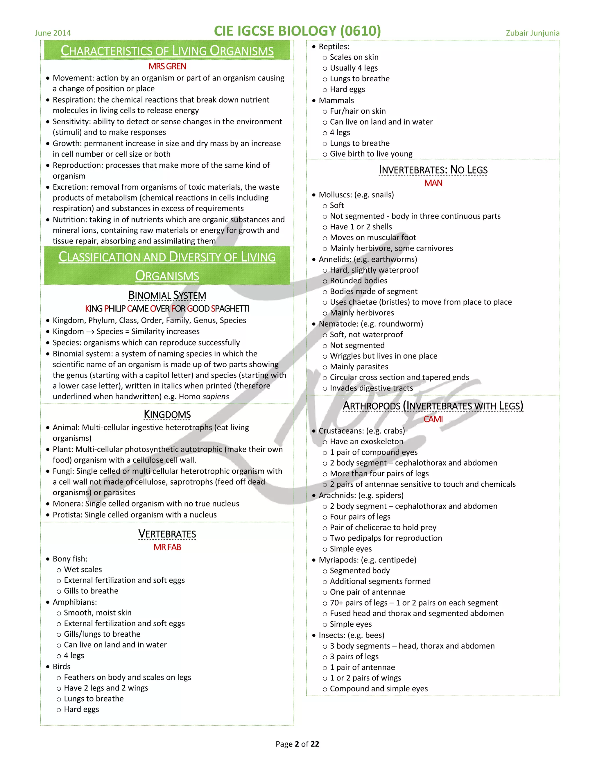 CIE IGCSE Biology complete notes | PDF