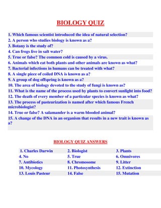 Biology Quiz: 15 Questions on Key Concepts | PDF