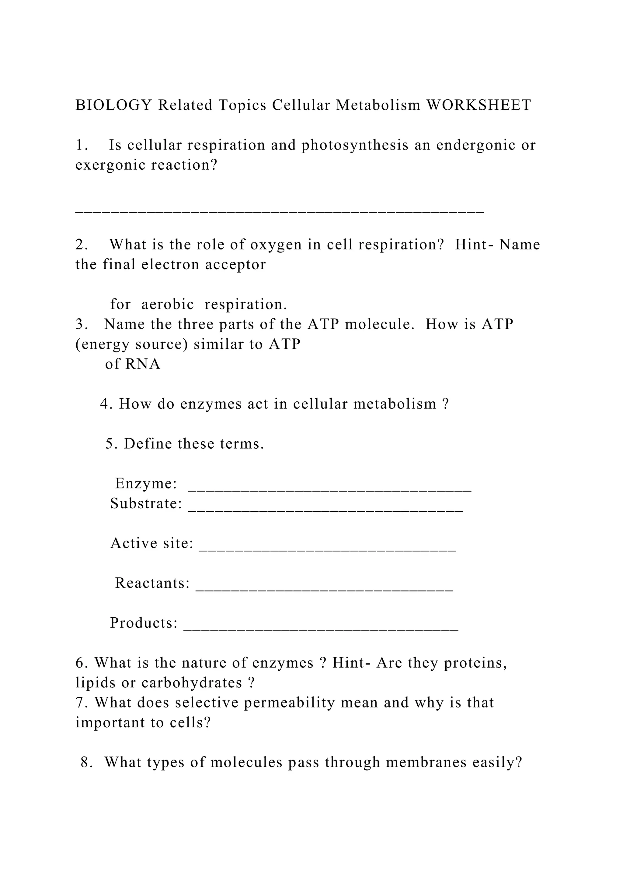 BIOLOGY Related Topics Cellular Metabolism WORKSHEET1. Is cel.docx