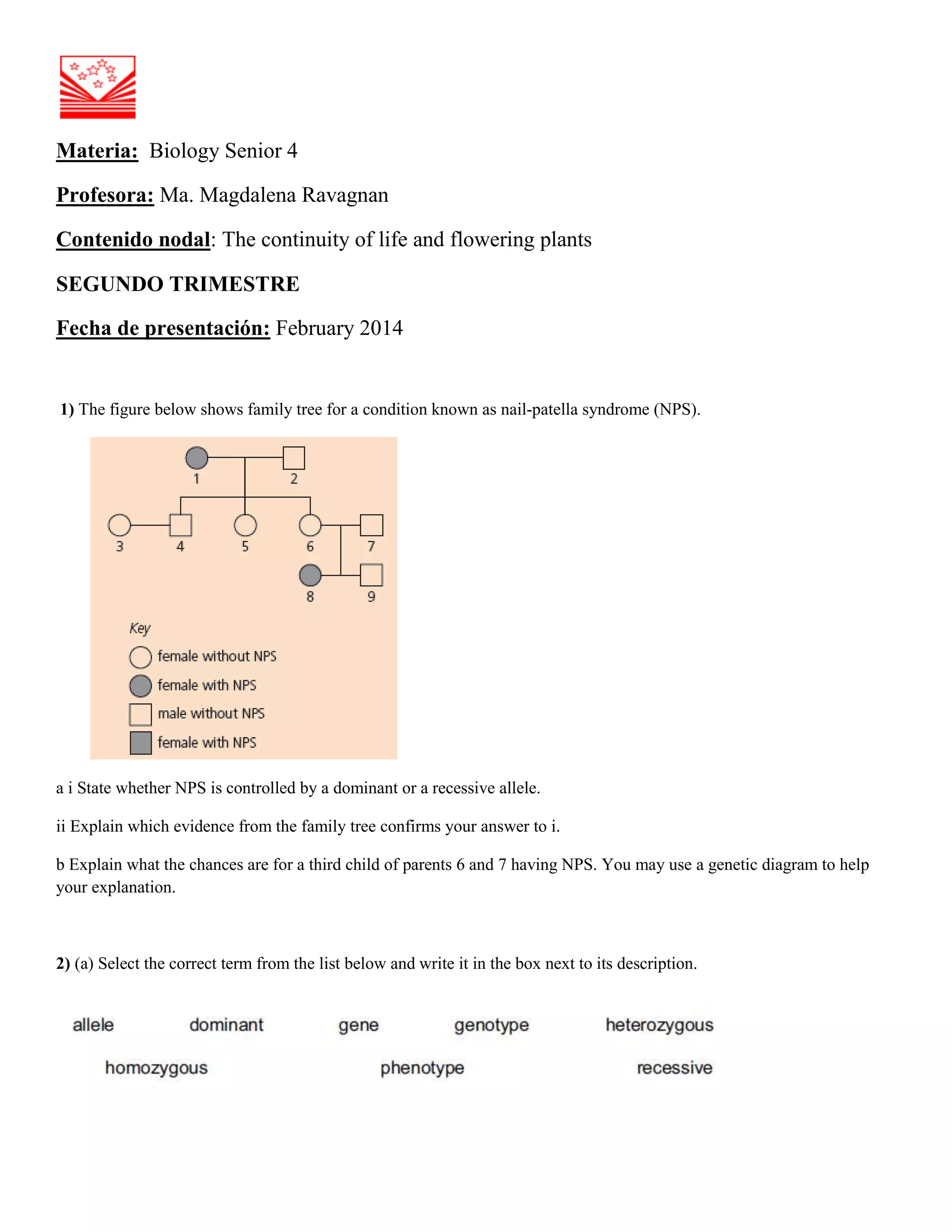 Biology s4, 2nd. term quest feb 2014 | PDF