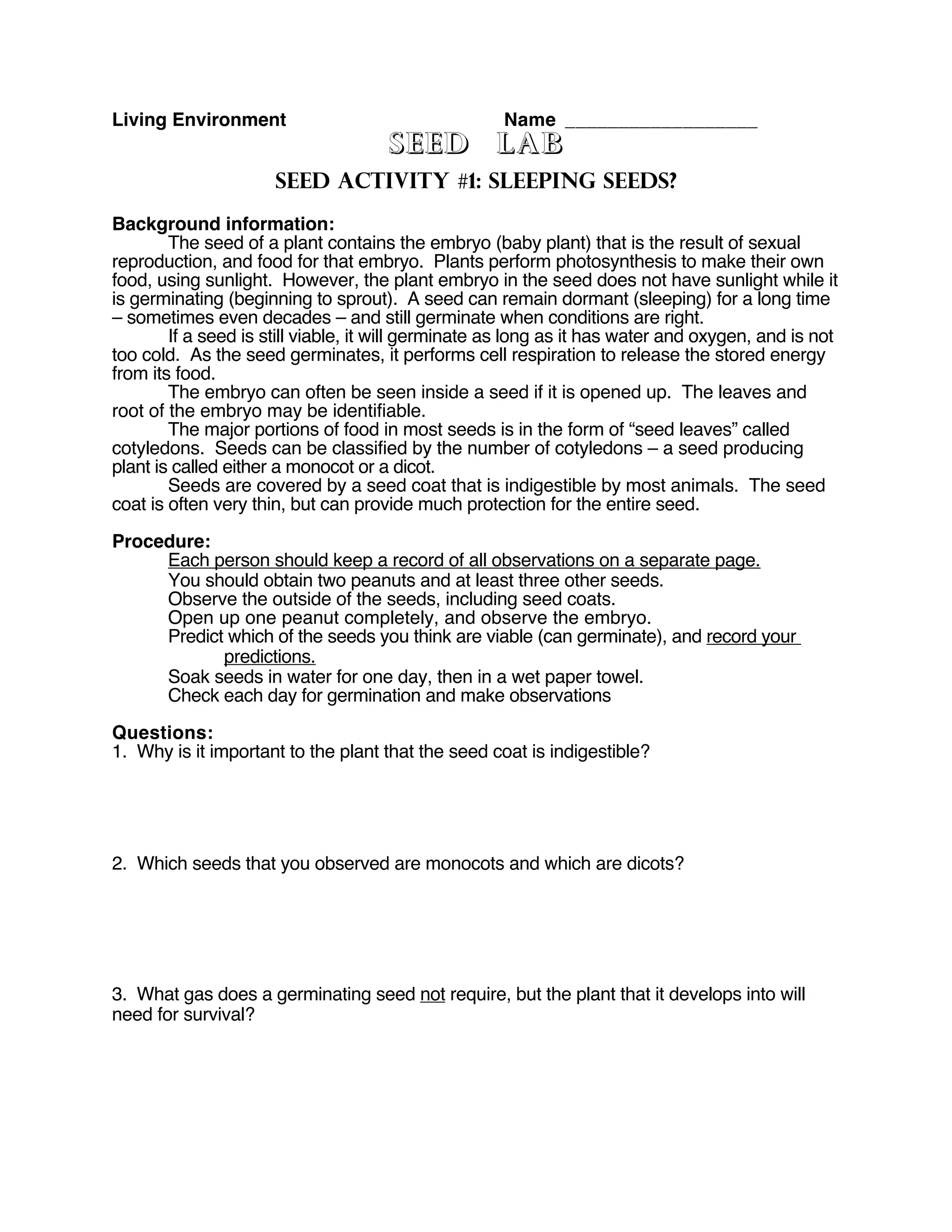 Biology seed lab | PDF