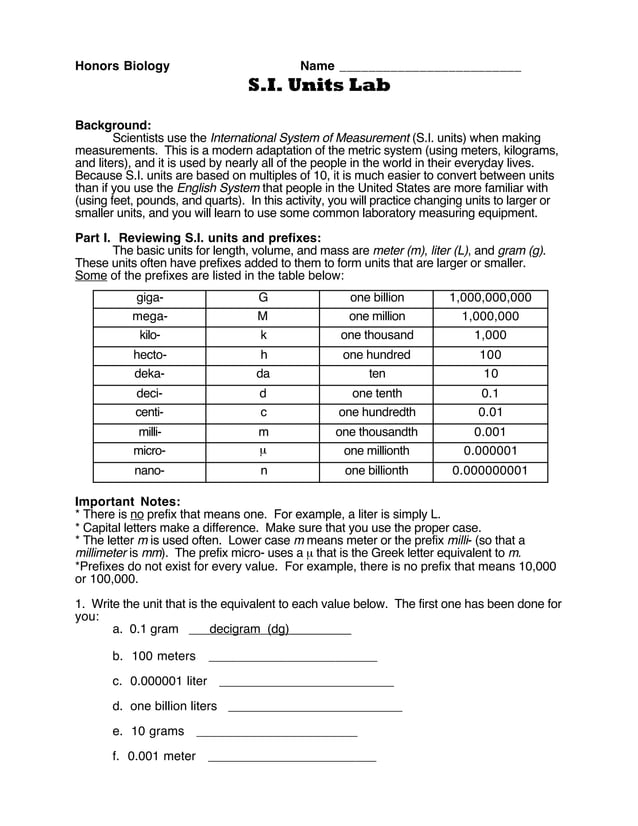 BIOLOGY SI UNITS LAB | PDF | Physics | Science