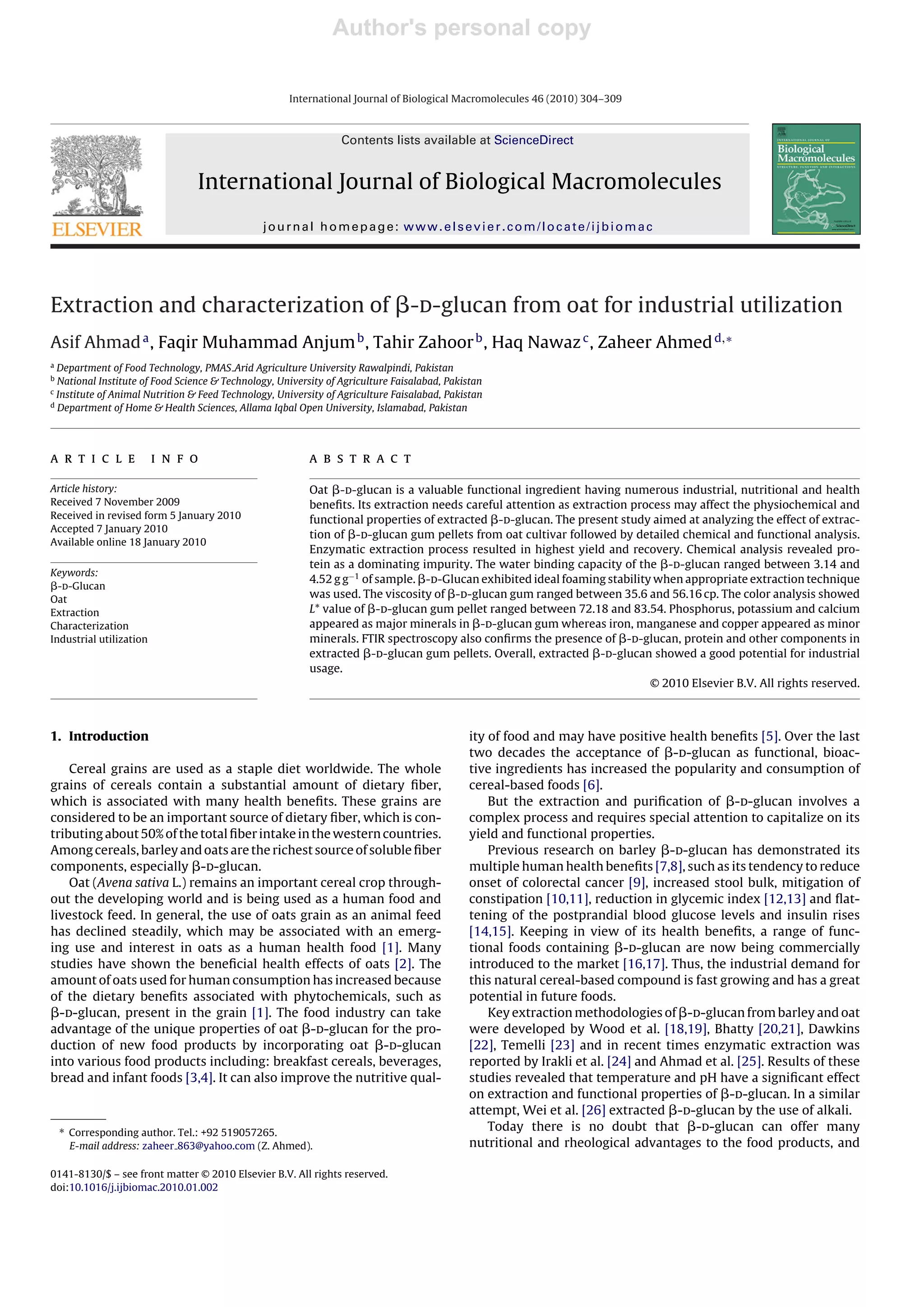 Extraction And Charcaterization Of Beta Glucan From Oat For Industrial Utilization Pdf