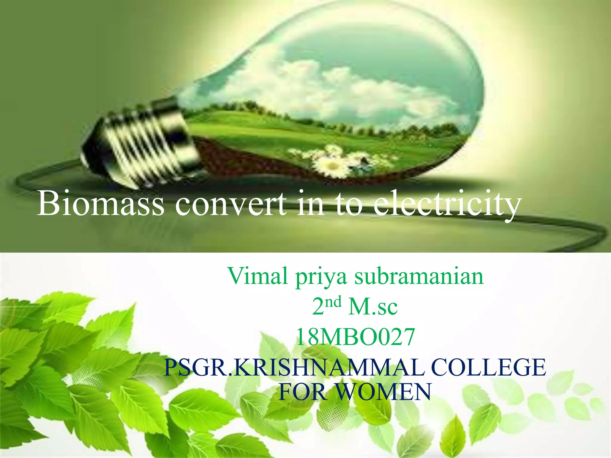 Biomass convert in to electricity by vimal priya subramanian | PPTX