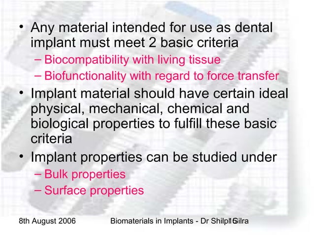 Biomaterials in implants | PPT | Dental Health | Diseases and Conditions