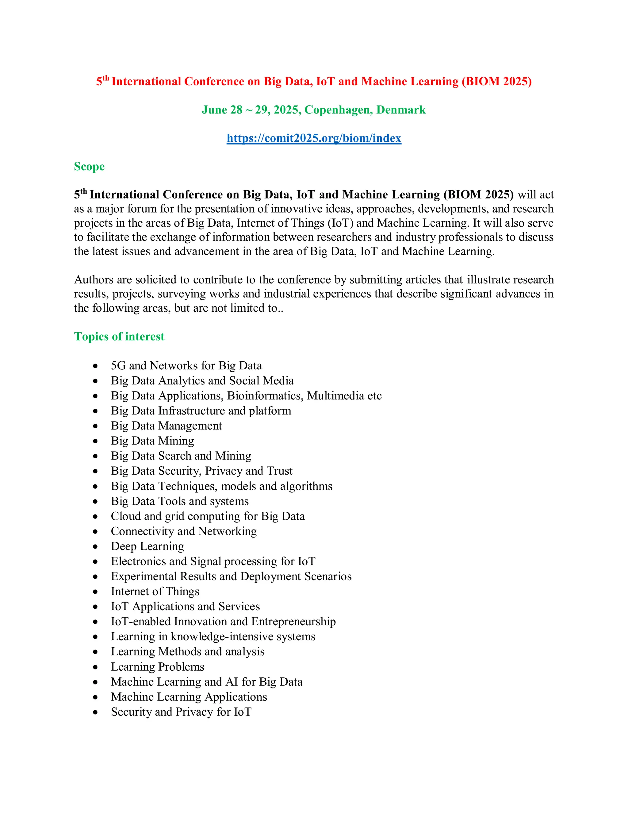 Call for Papers - 5th International Conference on Big Data, IoT and Machine Learning (BIOM 2025 ...