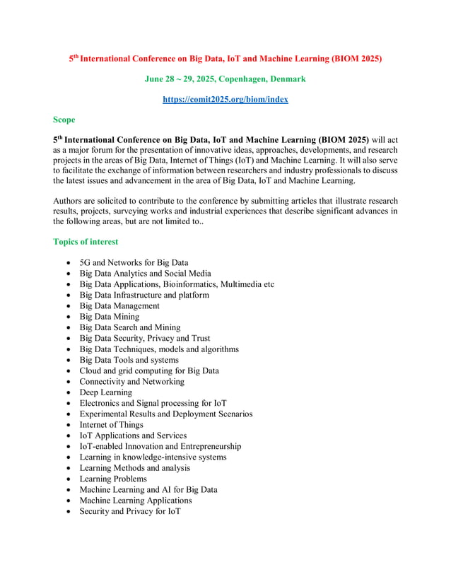 Call for Papers - 5th International Conference on Big Data, IoT and Machine Learning (BIOM 2025 ...