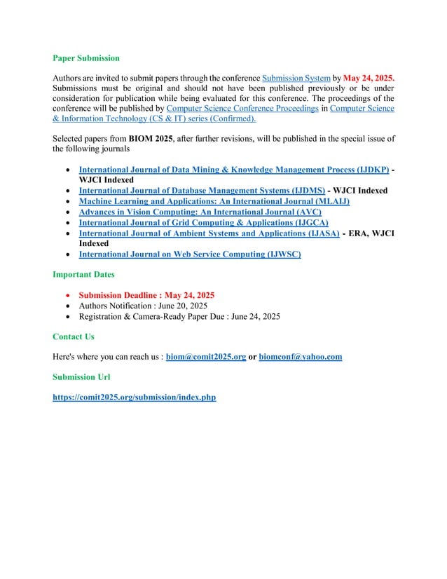 Call for Papers - 5th International Conference on Big Data, IoT and Machine Learning (BIOM 2025 ...