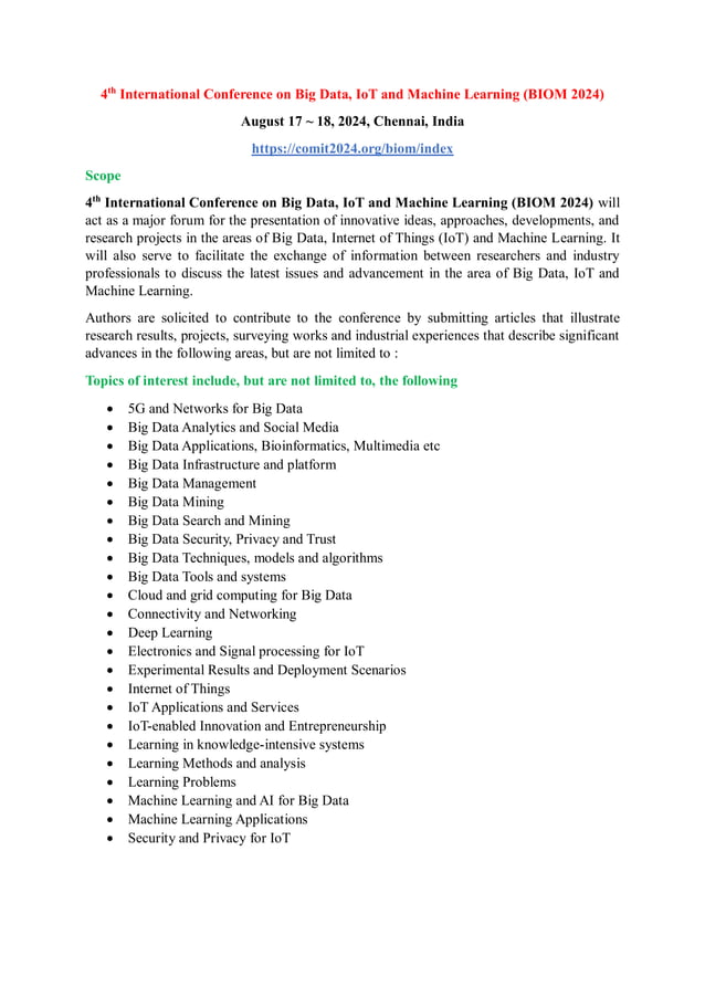 4th International Conference on Big Data, IoT and Machine Learning (BIOM 2024) | PDF | Free Download