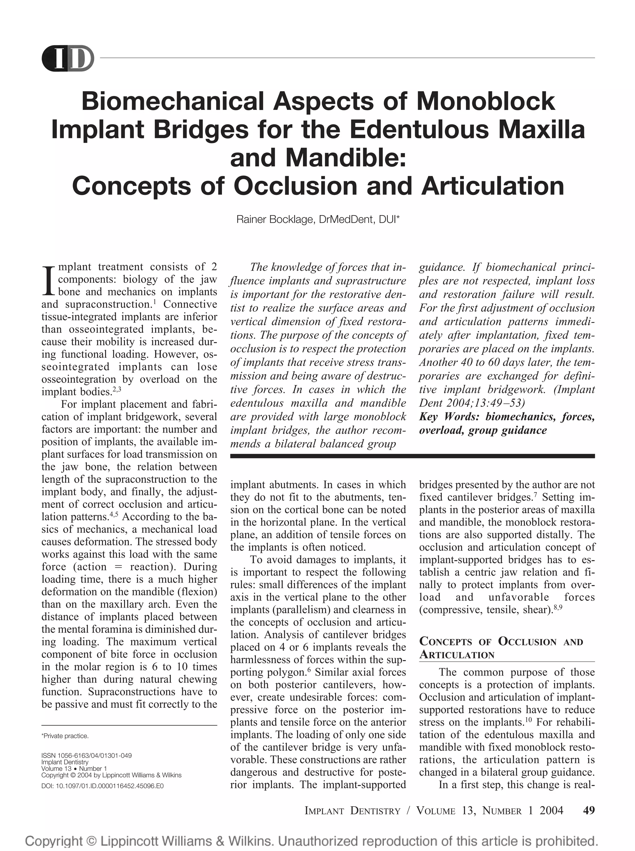 Biomechanical aspects of monoblock implant bridges for the edentulous ...