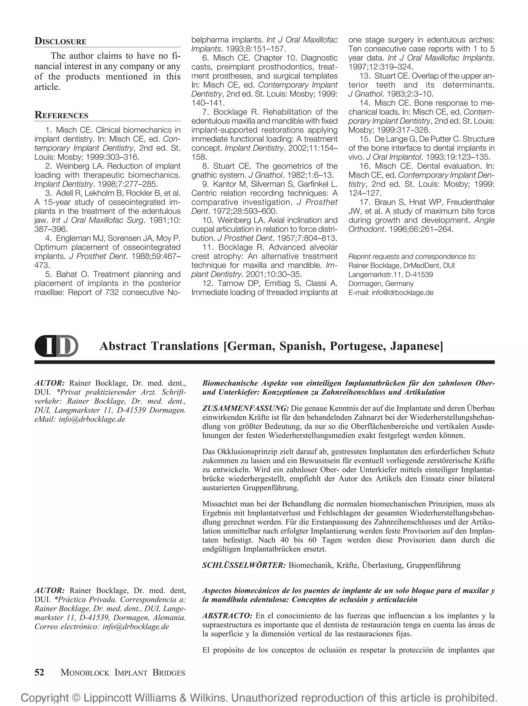 Biomechanical aspects of monoblock implant bridges for the edentulous ...