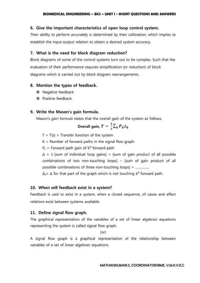 Biomedical Control Systems - SYSTEM CONCEPTS (Short Questions & Answers ...