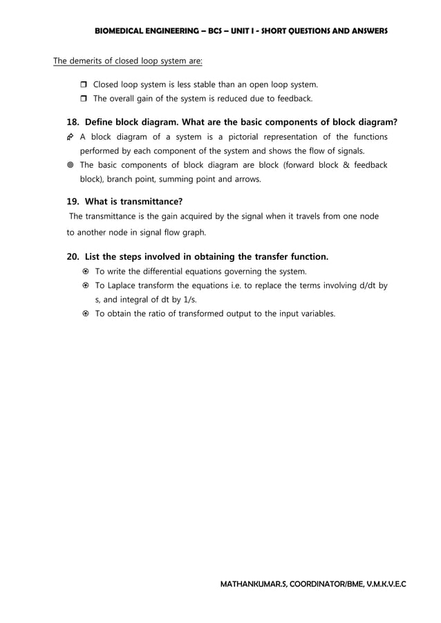Biomedical Control Systems - SYSTEM CONCEPTS (Short Questions & Answers ...