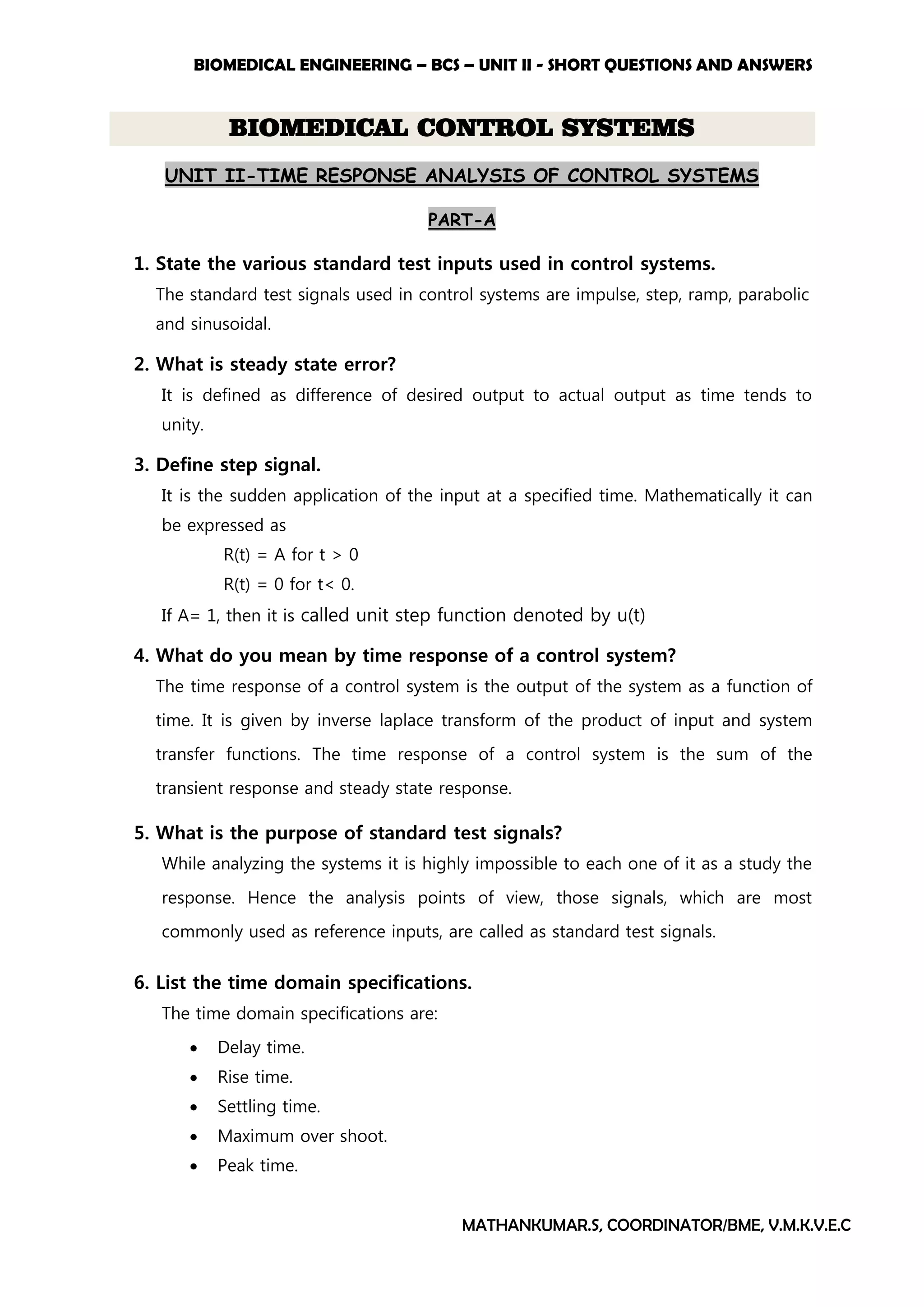 Biomedical Control Systems - Time Response Analysis (Short Questions & Answers) | PDF