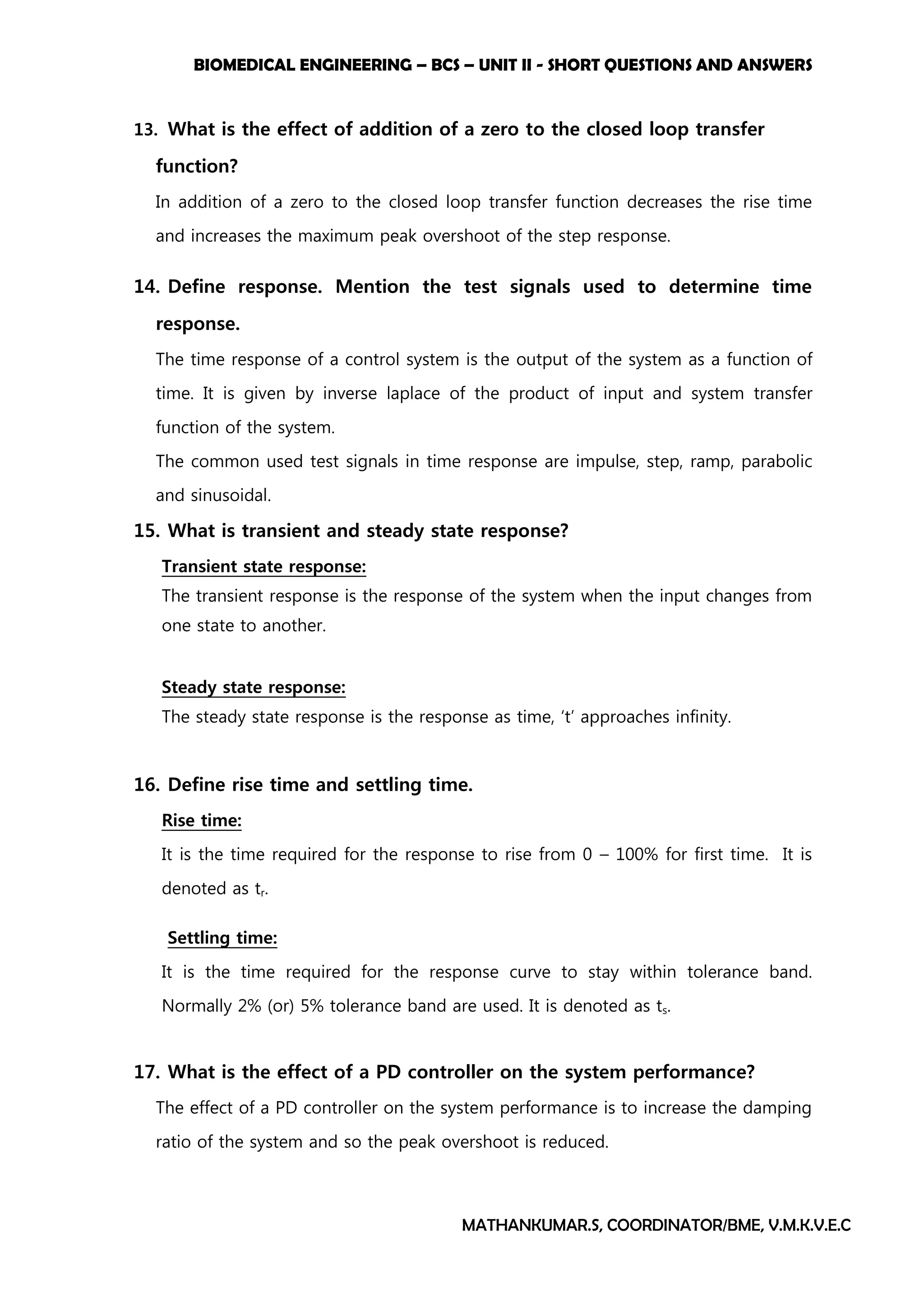 Biomedical Control Systems - Time Response Analysis (Short Questions & Answers) | PDF