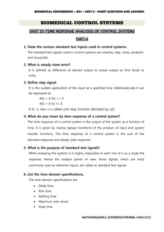 Biomedical Control Systems - Time Response Analysis (Short Questions ...