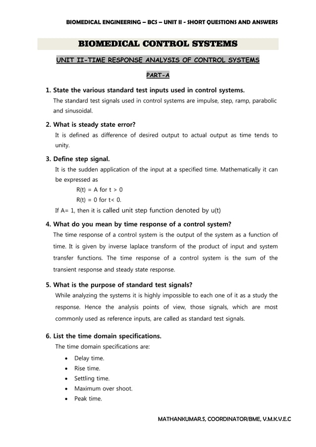 Biomedical Control Systems - Time Response Analysis (Short Questions & Answers) | PDF