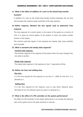 Biomedical Control Systems - Time Response Analysis (Short Questions ...