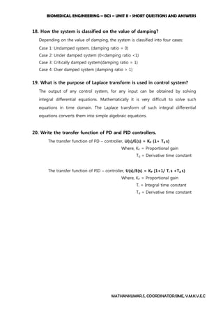 Biomedical Control Systems - Time Response Analysis (Short Questions ...