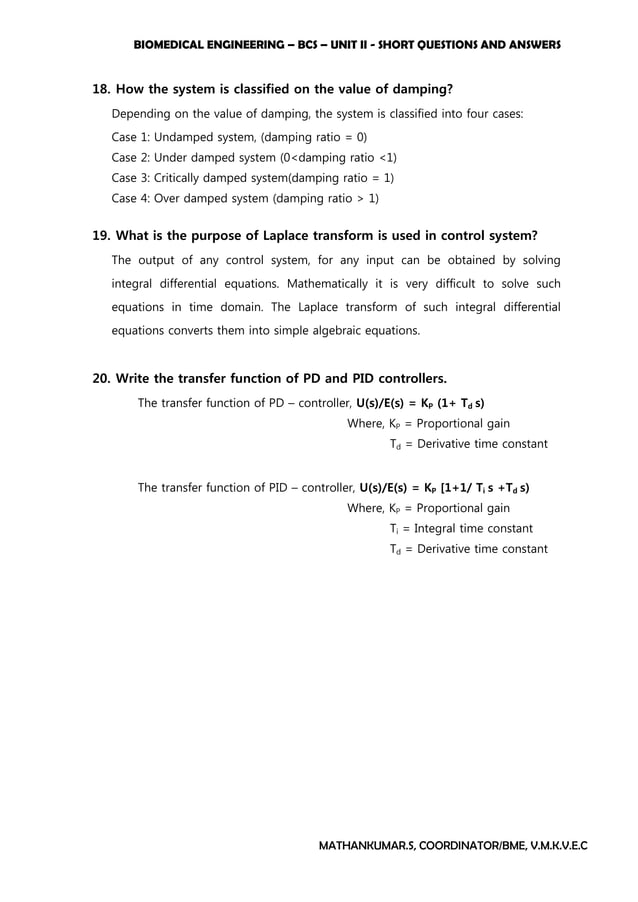Biomedical Control Systems - Time Response Analysis (Short Questions & Answers) | PDF