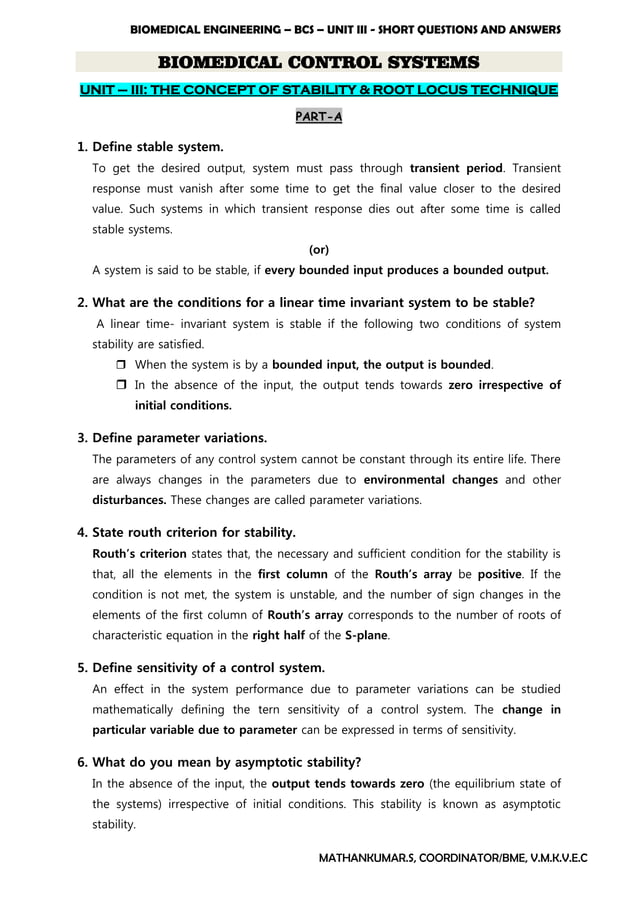 Biomedical Control Systems - THE CONCEPT OF STABILITY & ROOT LOCUS ...