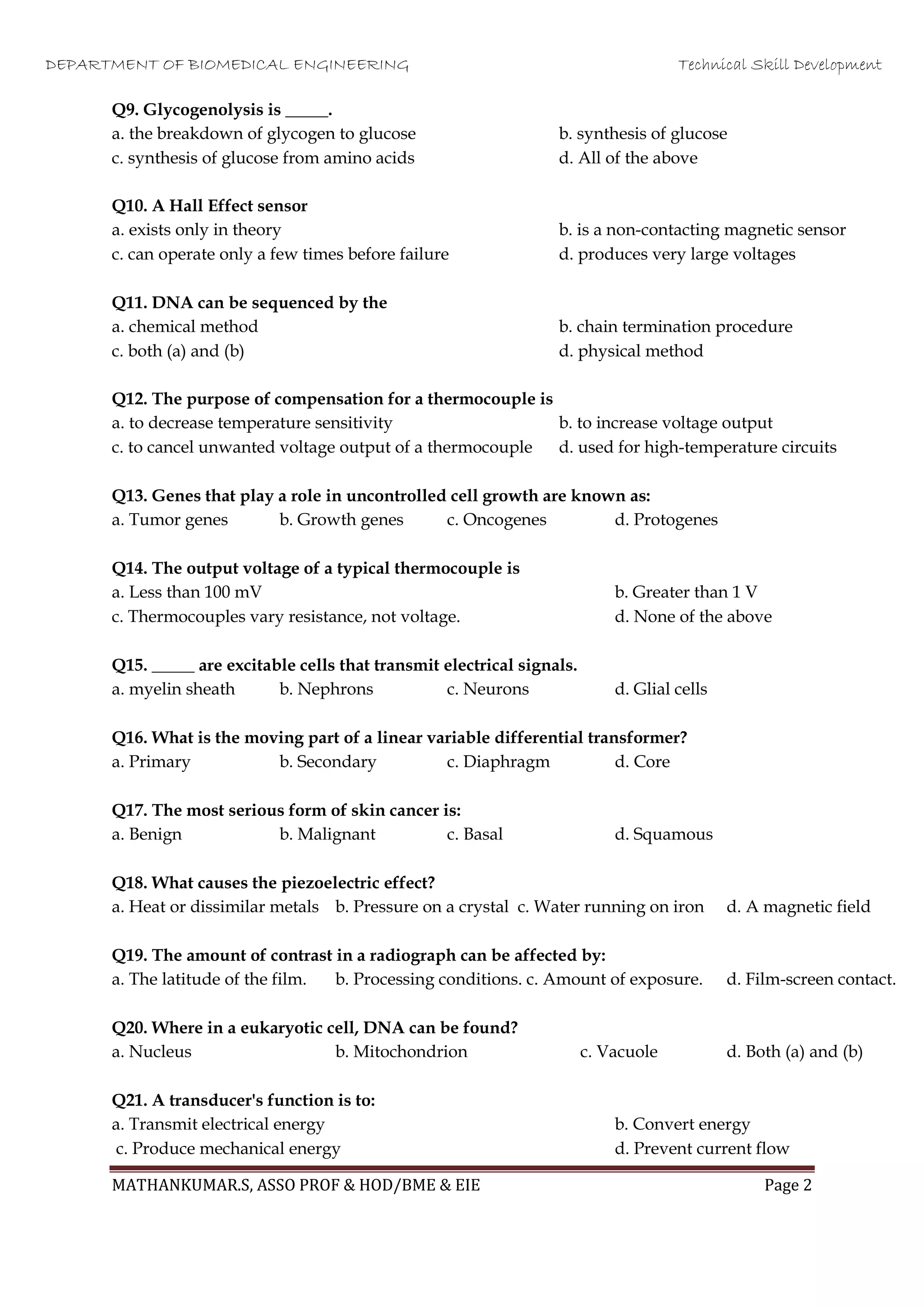 Biomedical Engineering - Multi Choice Questions - Skill Development | PDF