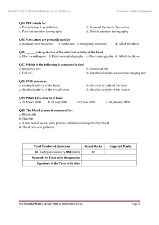 Biomedical Engineering - Multi Choice Questions - Skill Development | PDF