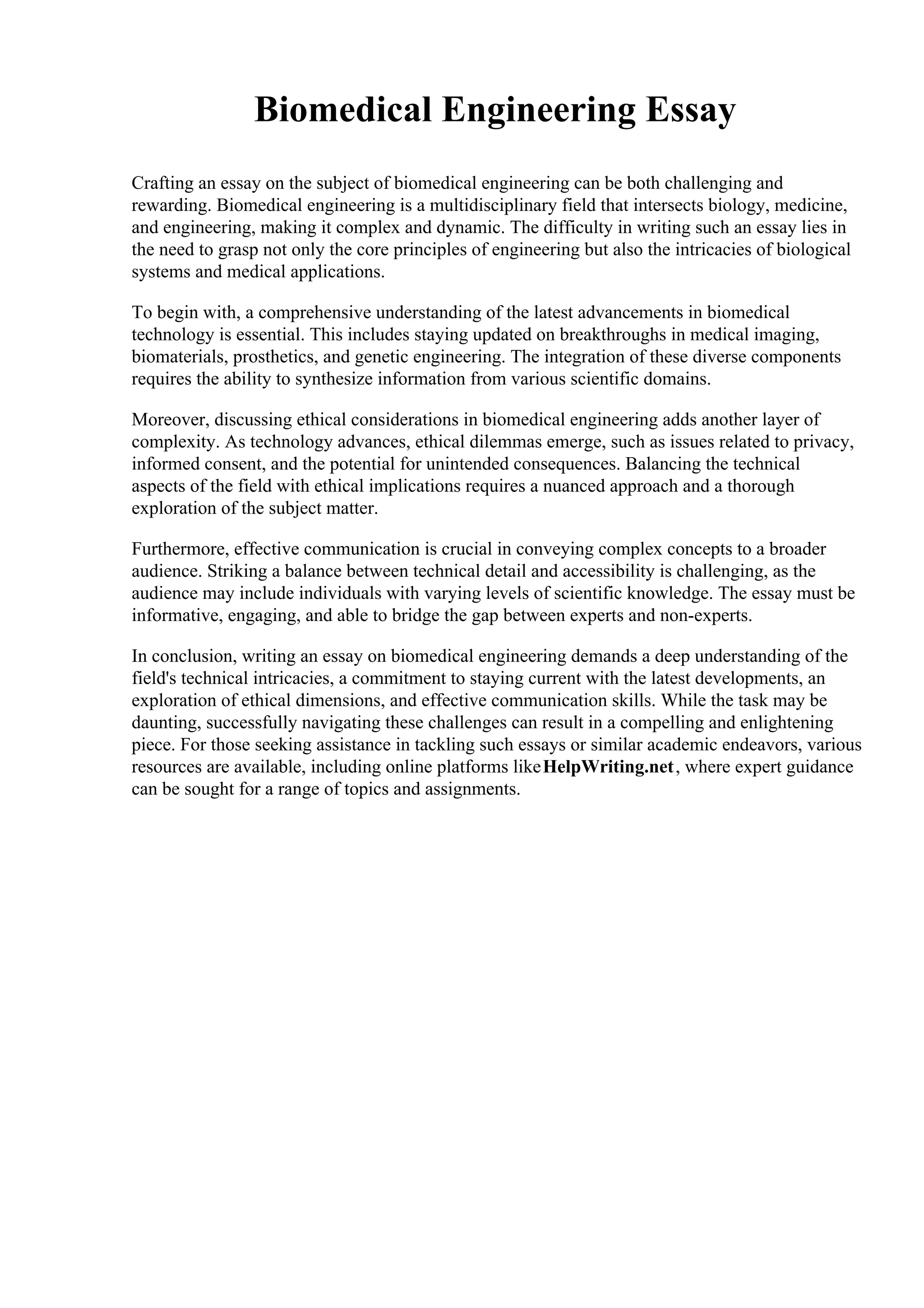 Biomedical Engineering Essay. College of Coastal Georgia | PDF