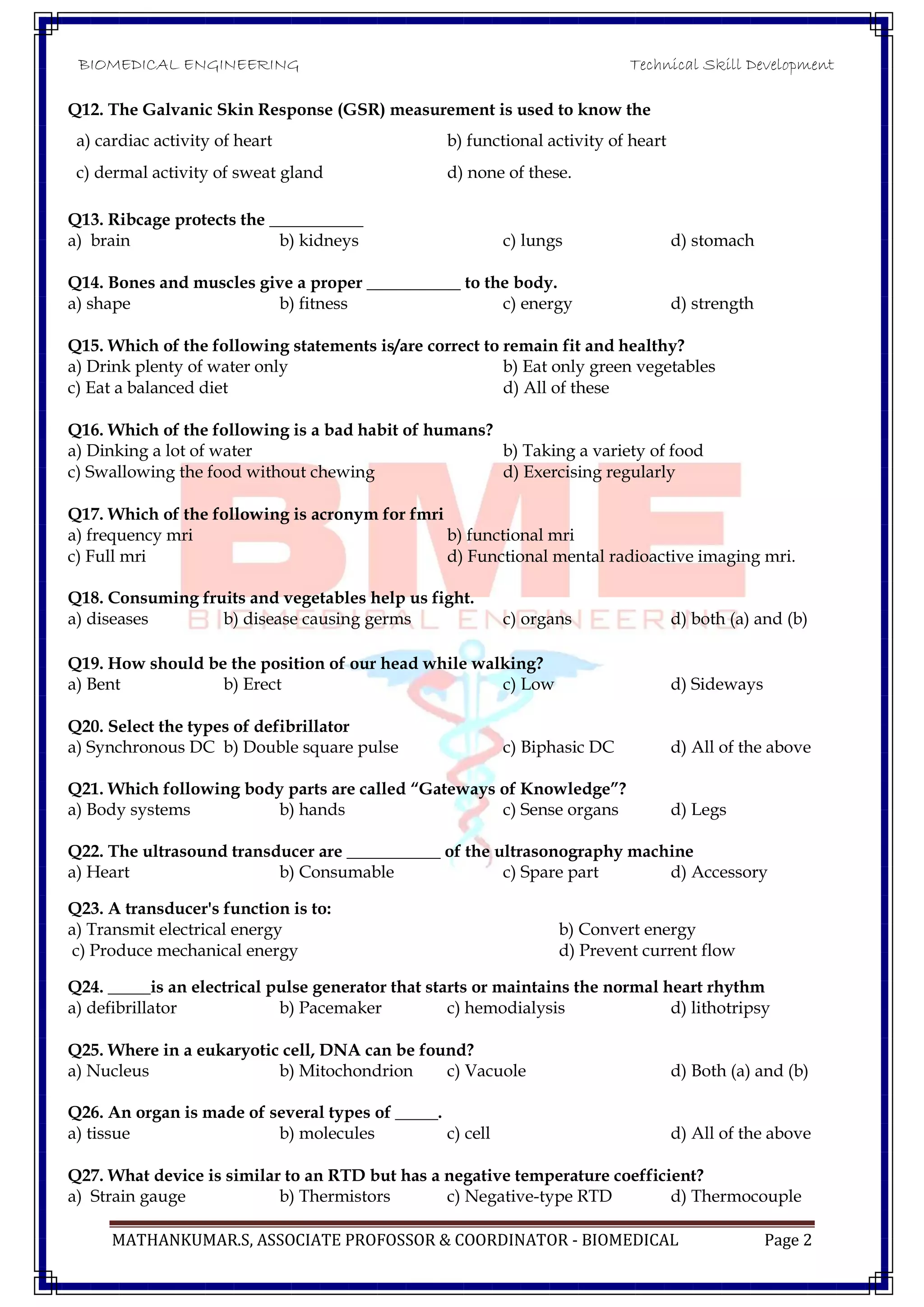 Biomedical Engineering Technical Skill Development (Multi choice ...