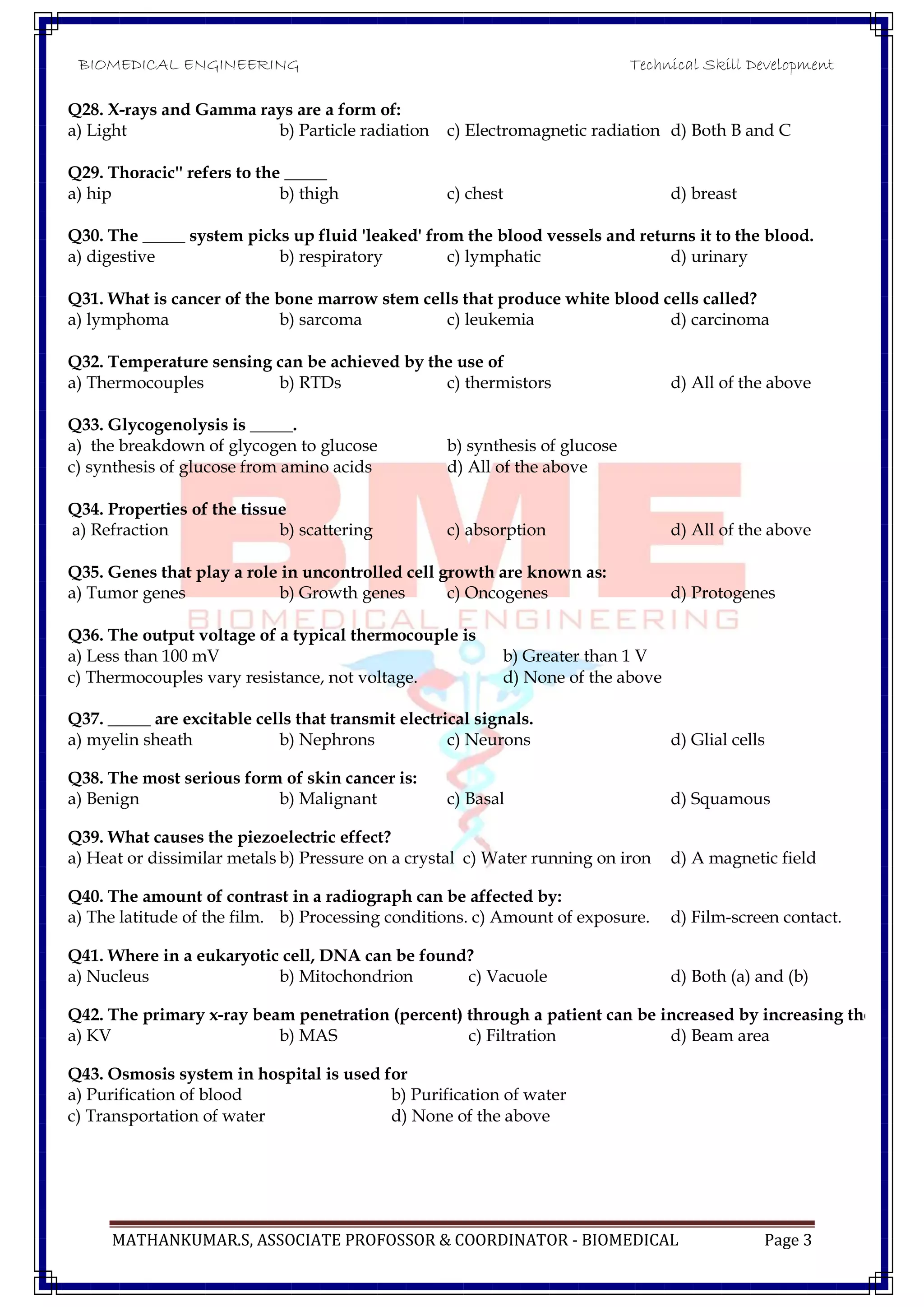 Biomedical Engineering Technical Skill Development (Multi choice ...