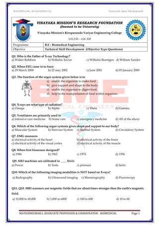 Biomedical Engineering Technical Skill Development (Multi choice ...