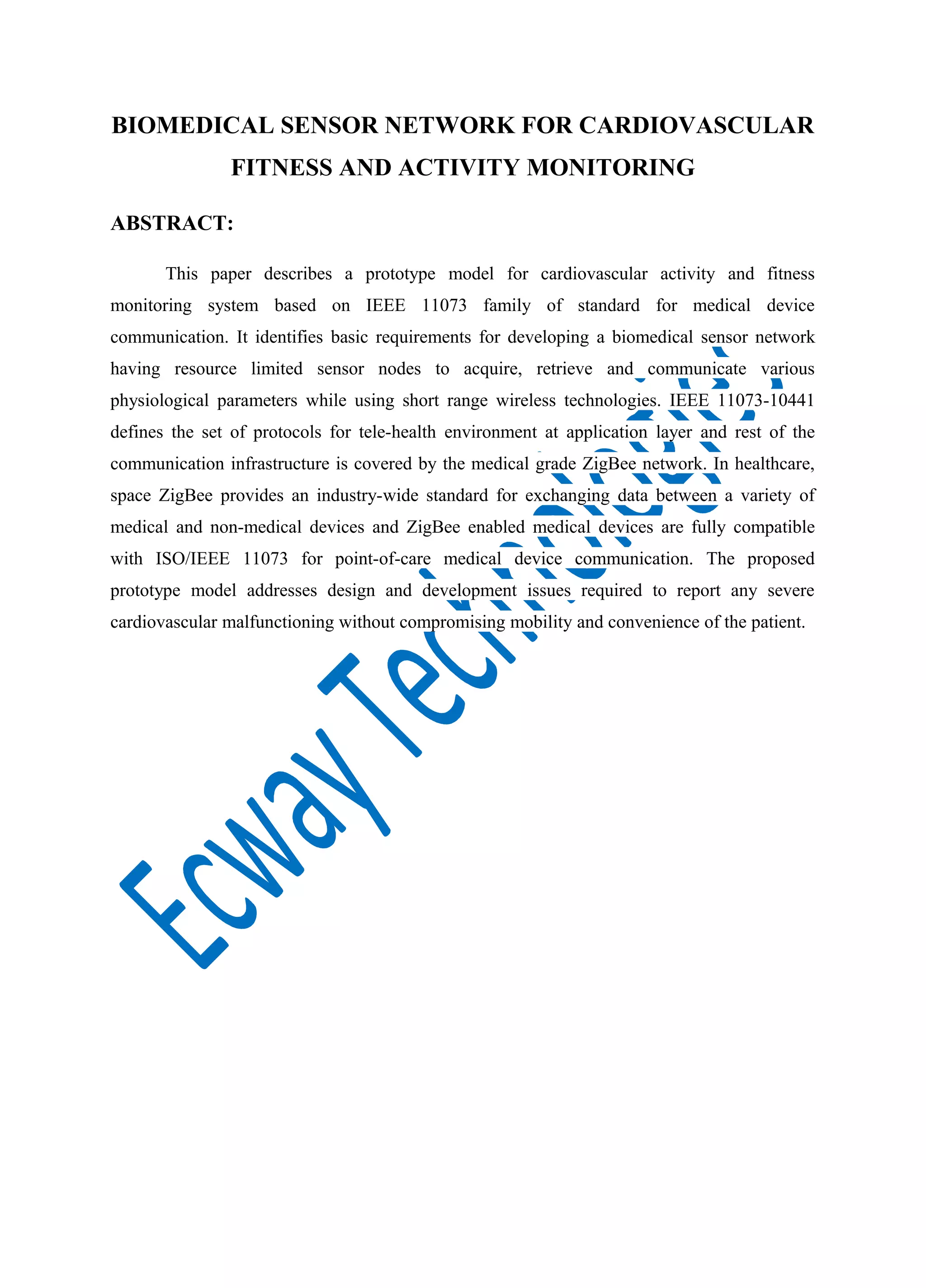 Biomedical sensor network for cardiovascular fitness and activity ...