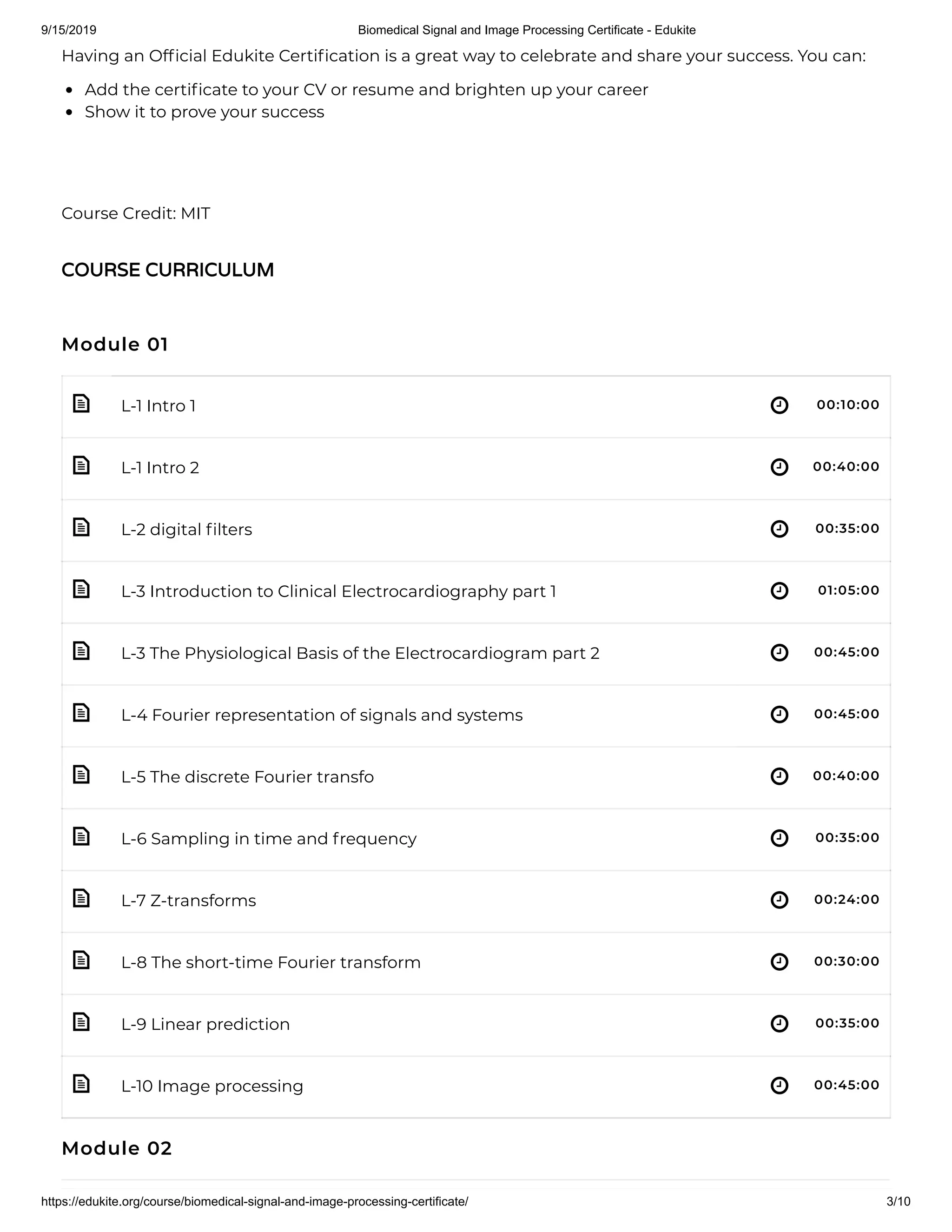Biomedical Signal and Image Processing Certificate - Edukite | PDF