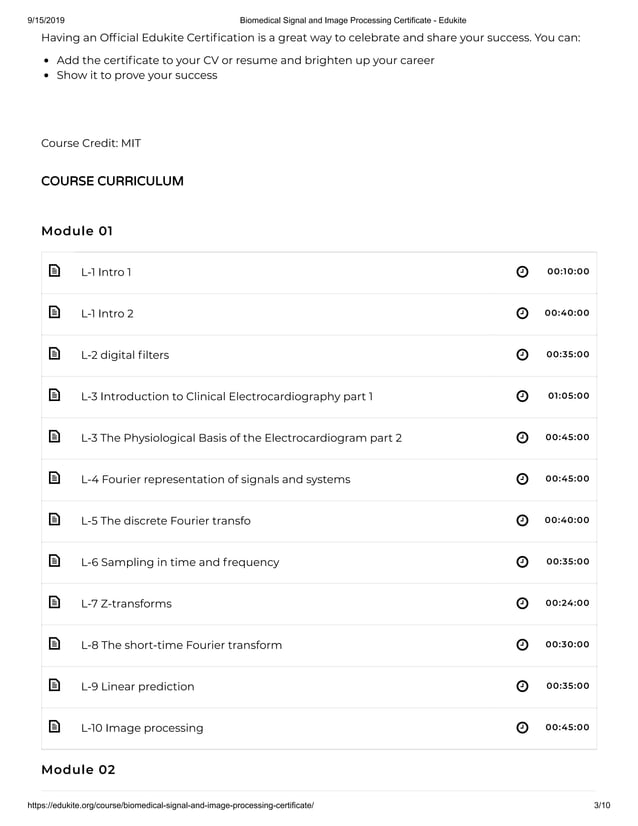 Biomedical Signal and Image Processing Certificate - Edukite | PDF