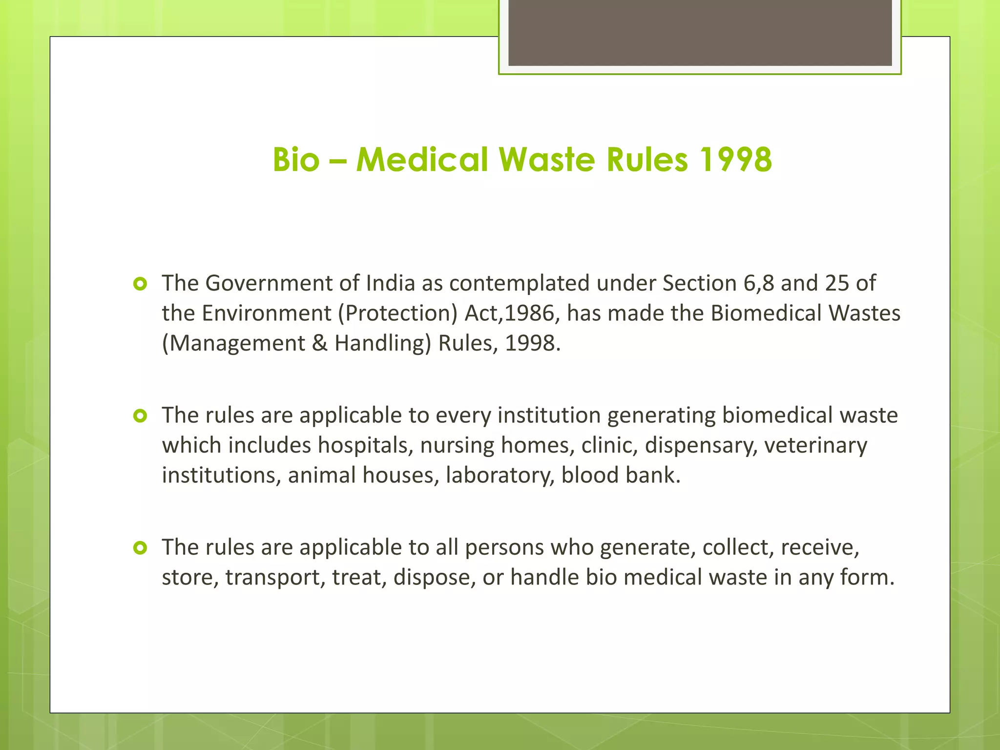 Bio Medical Waste Management And Handling Rules 1998 | PPTX