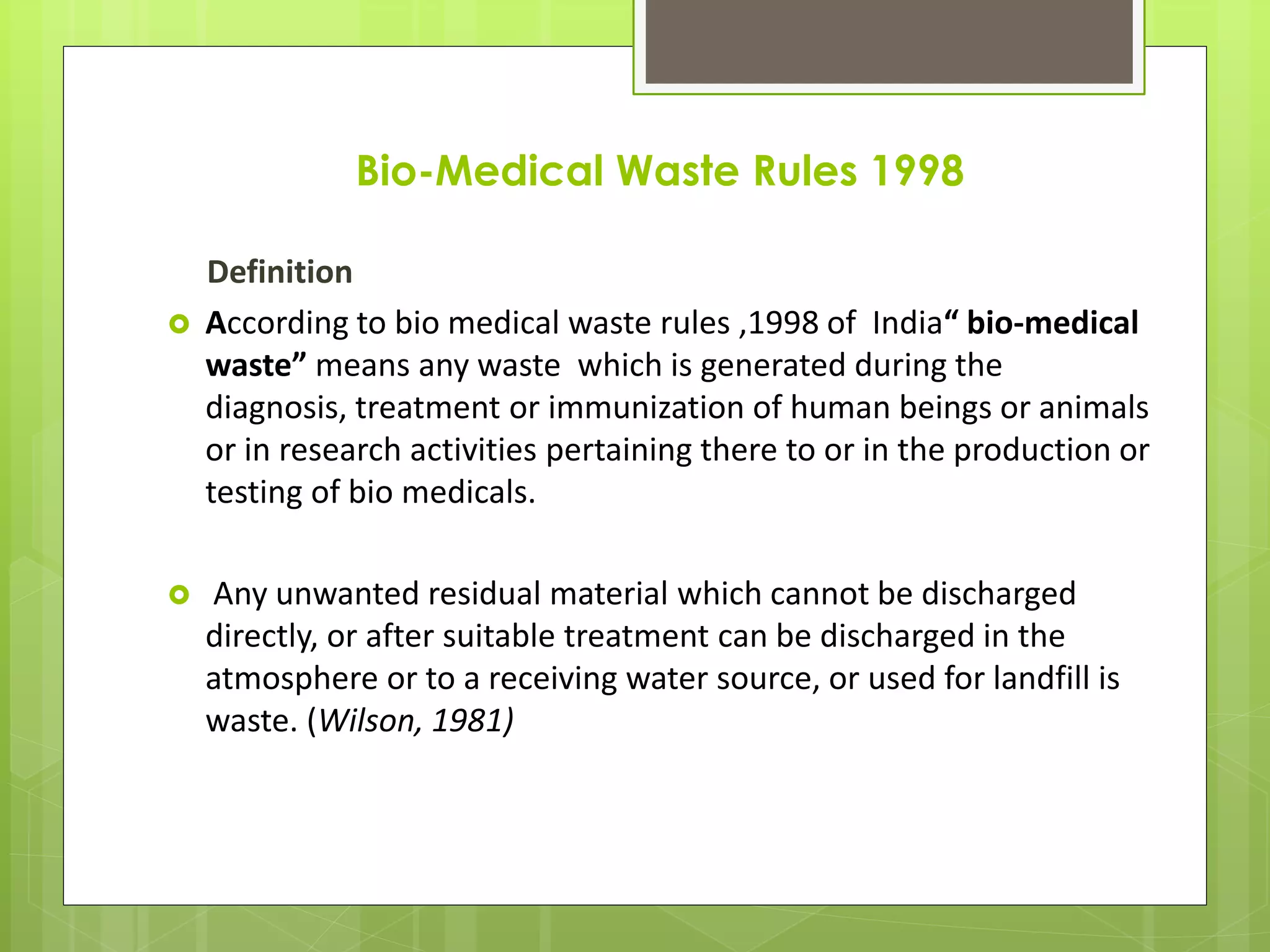 Bio Medical Waste Management And Handling Rules 1998 | PPTX