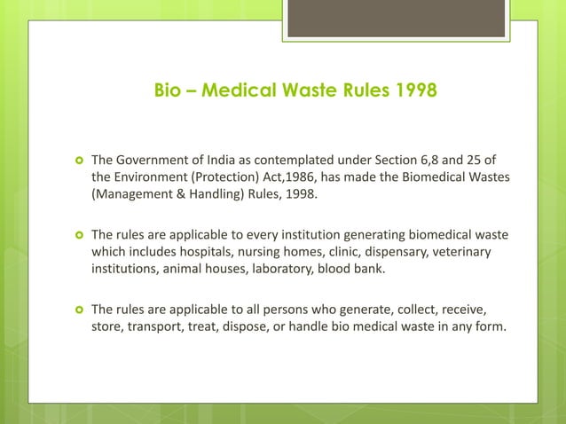 Bio Medical Waste Management And Handling Rules 1998 | PPTX