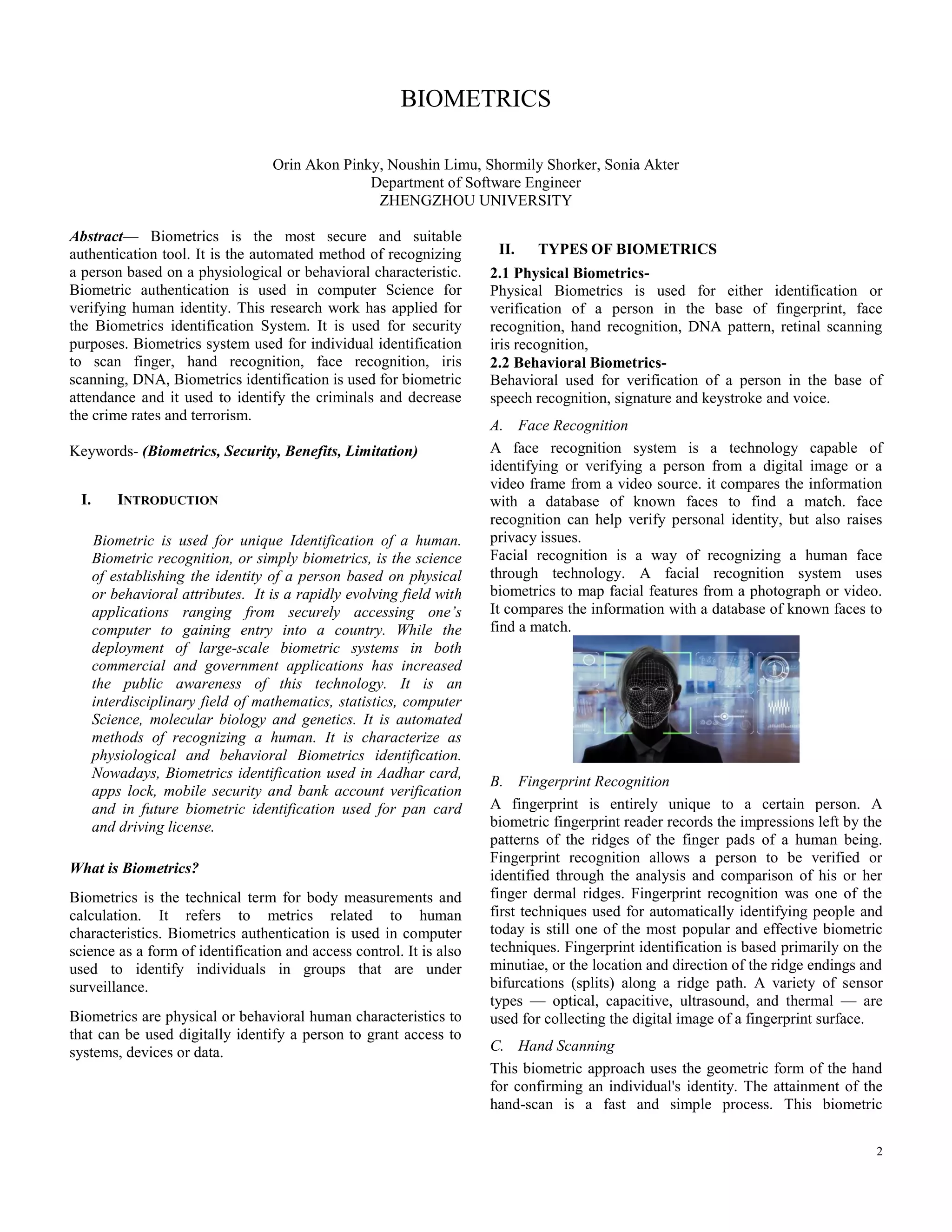 Biometrics Research/Thesis Paper | PDF