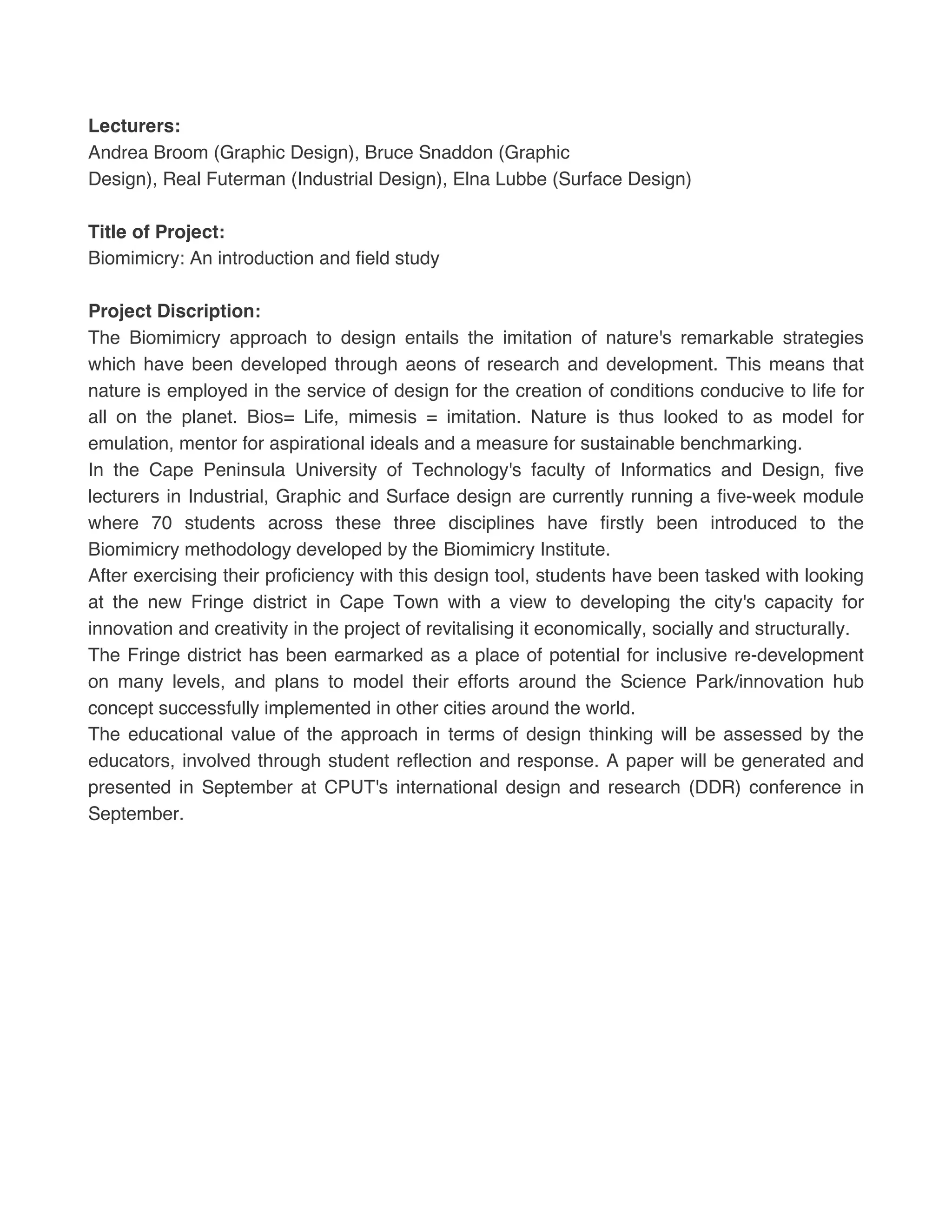 Biomimicry project description cput | PDF