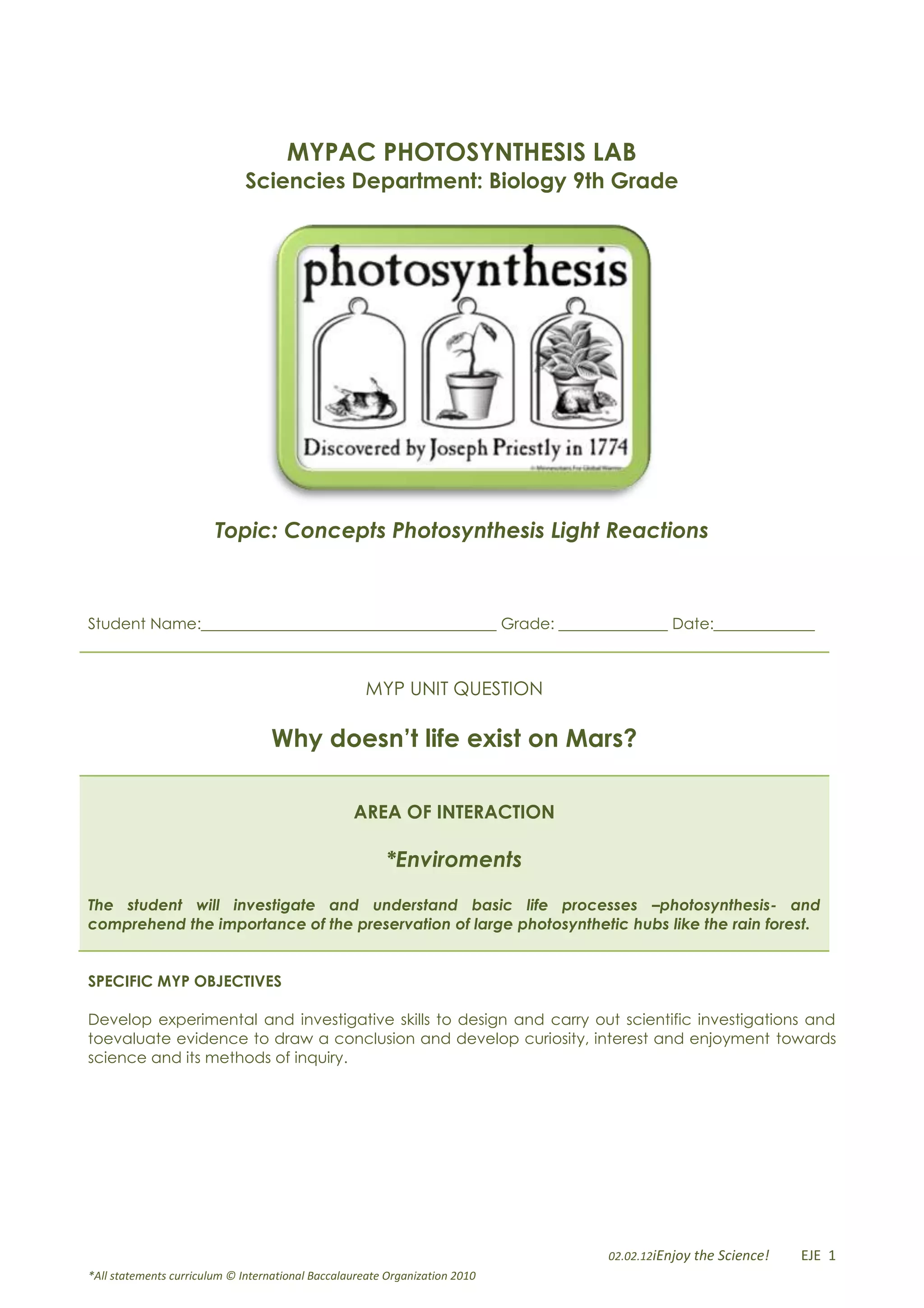 Bio mypac lab photosynthesis eje 12 | DOCX