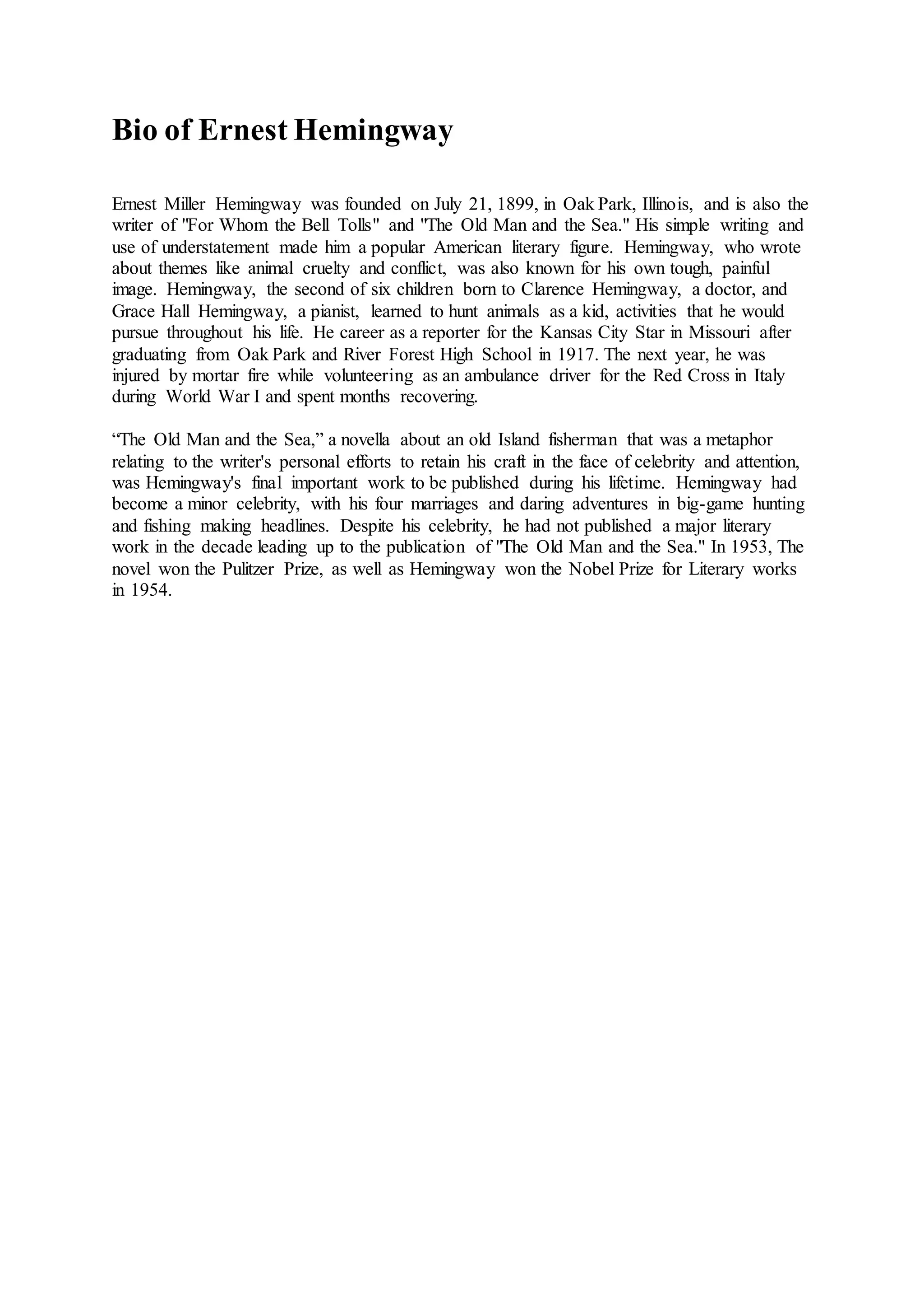 Bio of ernest hemingway | PDF