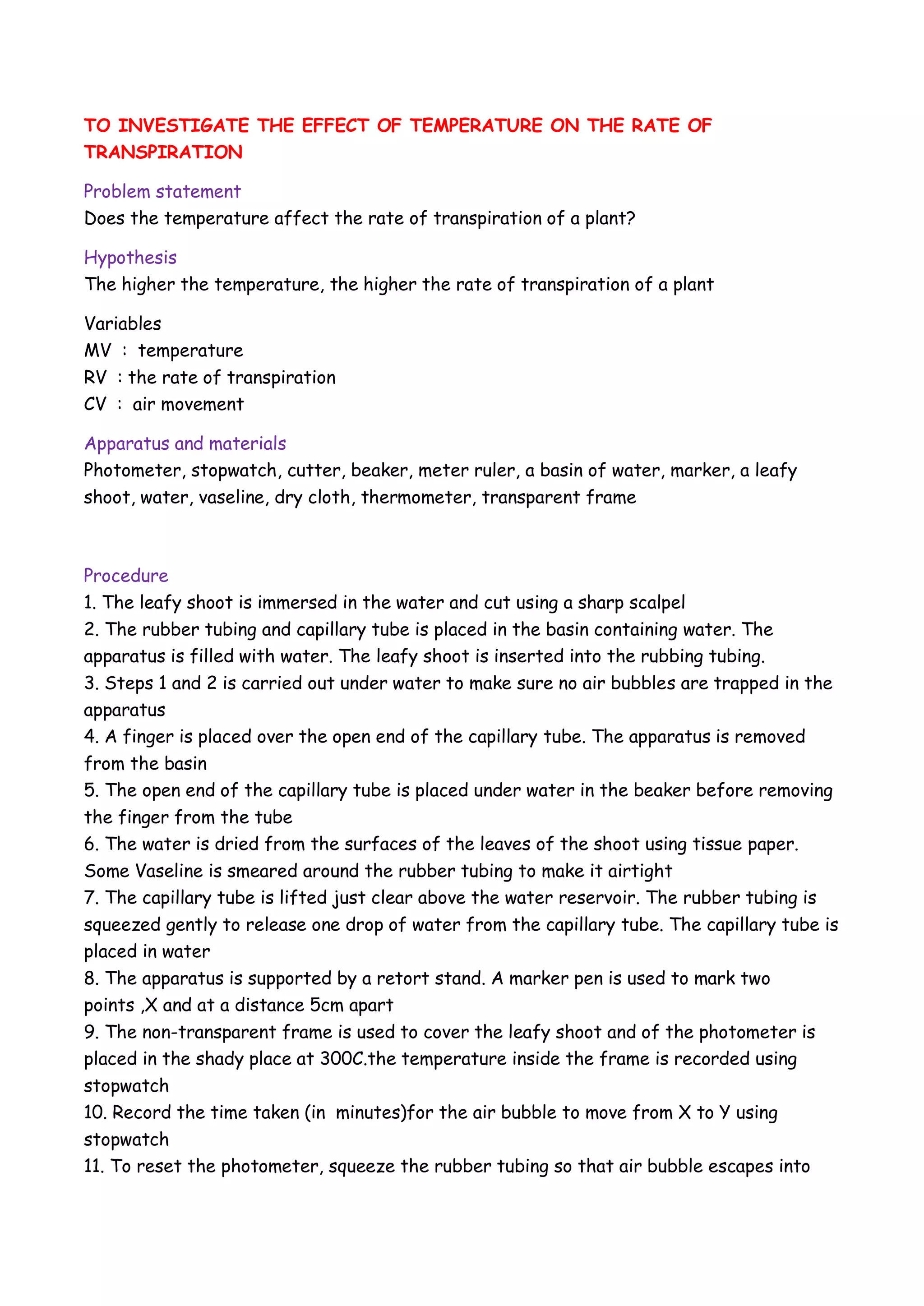 Biology SPM paper 3 experiment | PDF