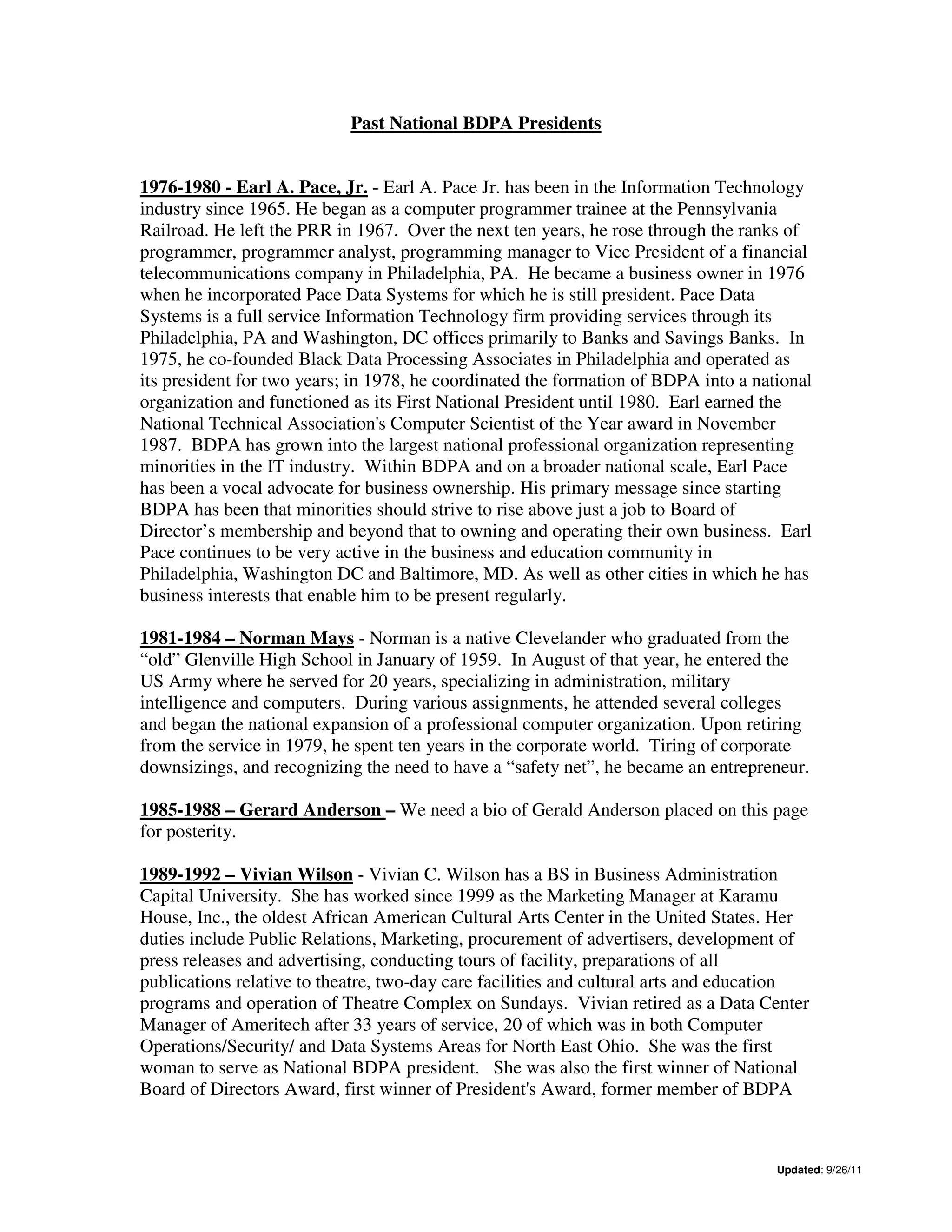 National BDPA Presidents (1976-2011) | PDF