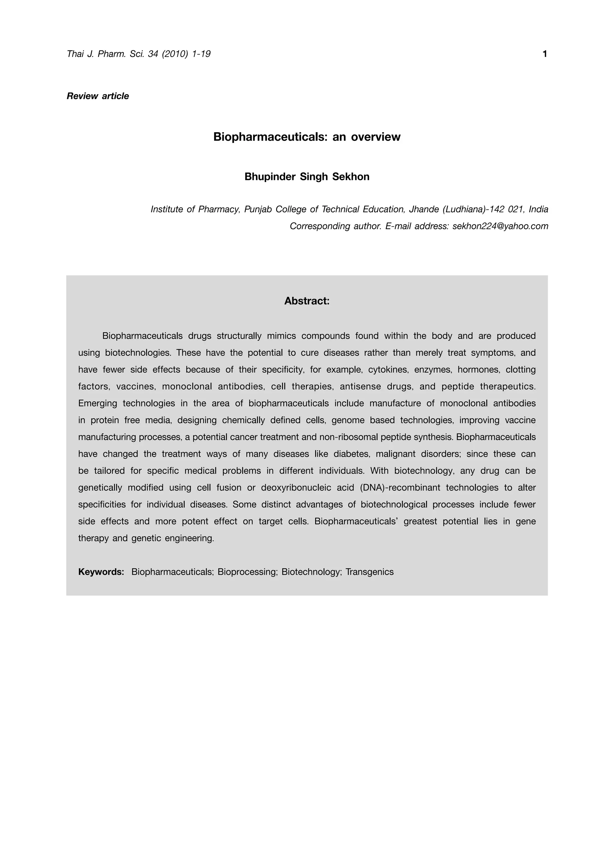 Biopharmaceuticals an overview | PDF