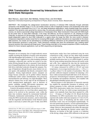 Biophysical Journal Dna Translocation Governed By Interactions With Solid State Nanopores | PDF