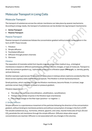 Biophysics Chapter 2 Notes Molecular Transport in Living Cells | PDF