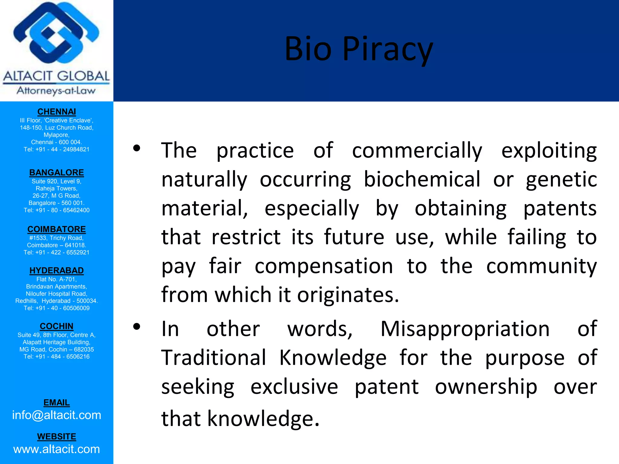 Bio piracy and protection of traditional knowledge | PPTX